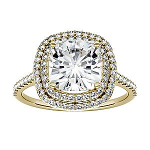 Charles & Colvard Yellow Gold Moissanite 8.0mm Cushion Halo Engagement Ring-size 7 2.90cttw DEW