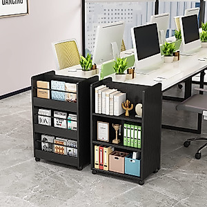 3-Tier Bookshelf, Book Storage Organization with Wheels Mobile Rolling Bookshelves Cart for Home Office Kids’ Study Room School, Double Sided Open Bookshelf with Wheel, Black