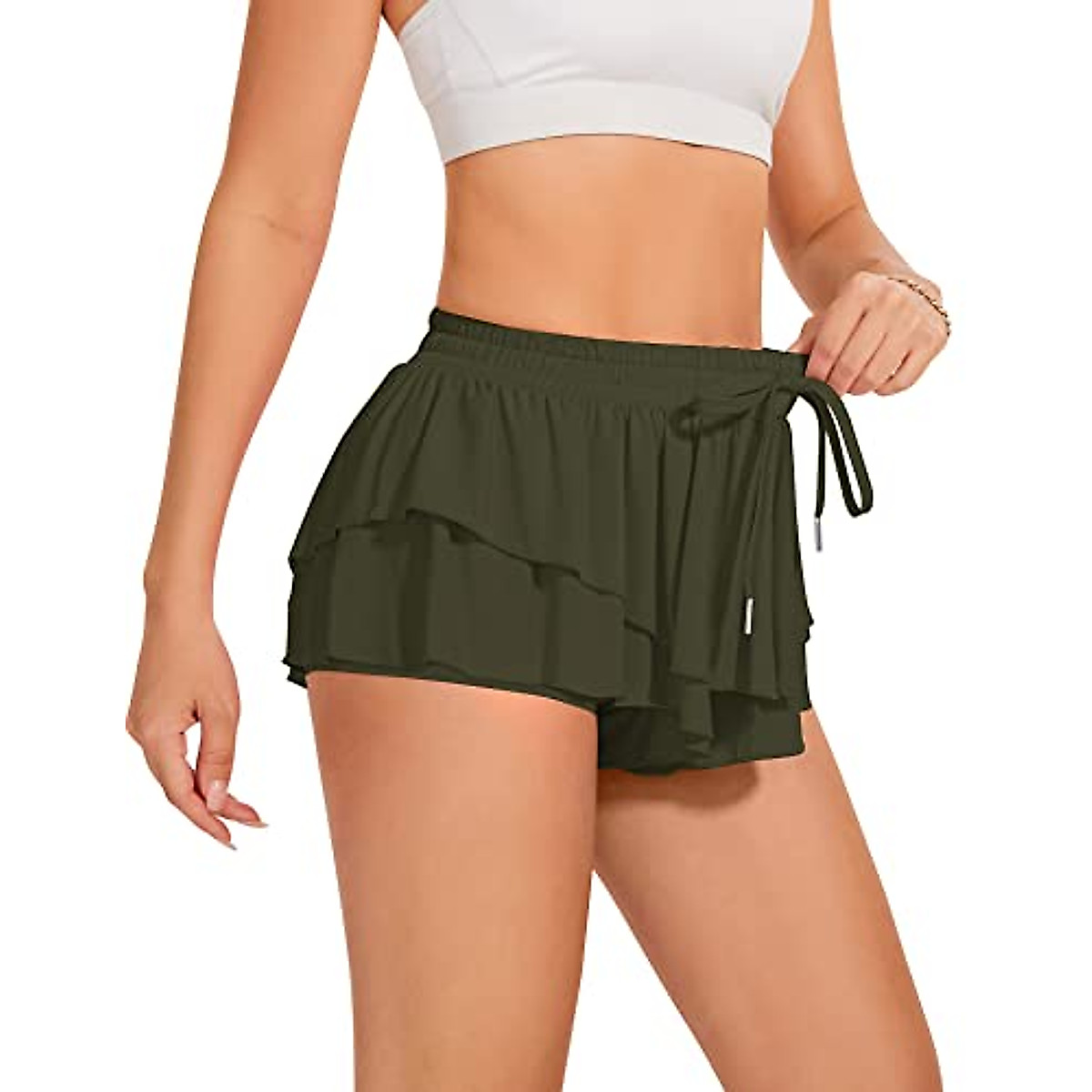 Loovoo Summer Flowy Athletic Shorts Women High Waisted Ruffle Layered Running Shorts Sporty Active Gym Shorts Army Green,M
