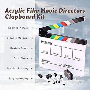 Swpeet 8Pcs 10"x12" Acrylic Film Movie Directors Clapboard Kit, Magnetic Blackboard Eraser, M3 Hex Wrench and 5Pcs Custom Pens Dry Erase Director Clapper Coating Board Slate for Director or Film Fans