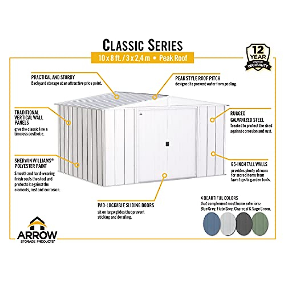 Arrow Sheds Amazon Exclusive Classic 10' x 8' Charcoal Steel Storage Shed with Included Floor Frame Kit