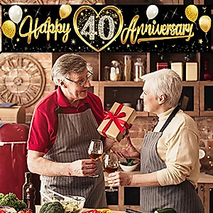 Kauayurk Happy 40th Wedding Anniversary Banner Decorations, Black Gold 40th Anniversary Sign Party Supplies, 40th Wedding Anniversary Decor Photo Booth for Outdoor Indoor