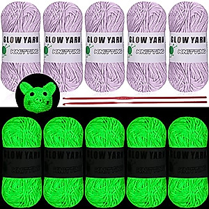5 Rolls Glow in The Dark Yarn DIY Glow Yarn Craft Yarn Sewing Supplies Glow in The Dark Party Supplies with 2 Pcs Crochet Hooks for Art Crocheting Sewing Beginners, 55 Yards Per Roll (Purple)