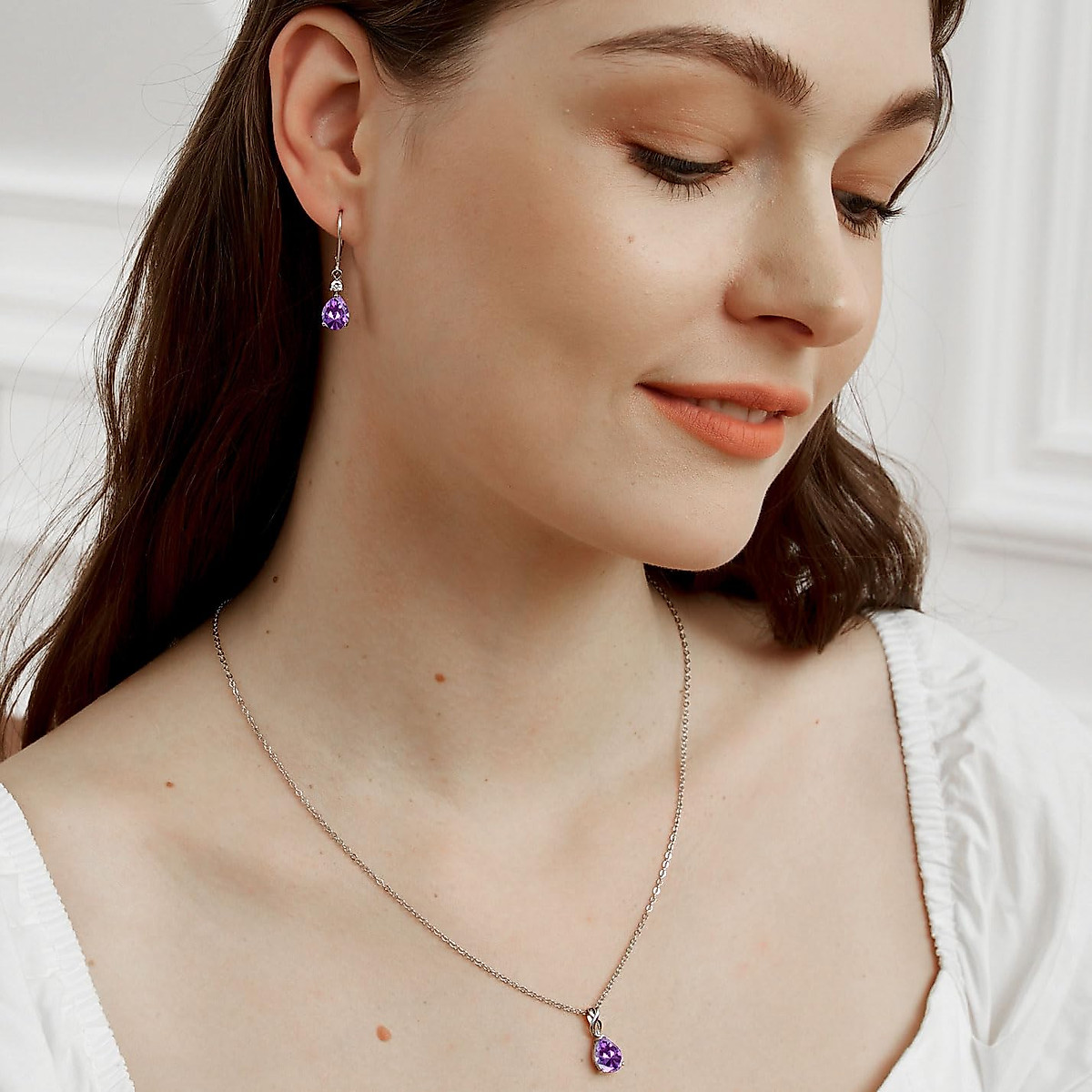 925 Sterling Silver Natural Amethyst Teardrop Leverback Earrings|7 * 9mm Pear Shaped Drop Dangly Earring Hypoallergenic Jewelry for Women