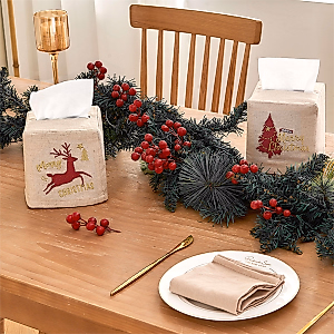 Christmas Linen Tissue Box Cover - Square Embroidered Gifts Boho Cube Holder for Bathroom Rectangle Cover Set Merry Xmas