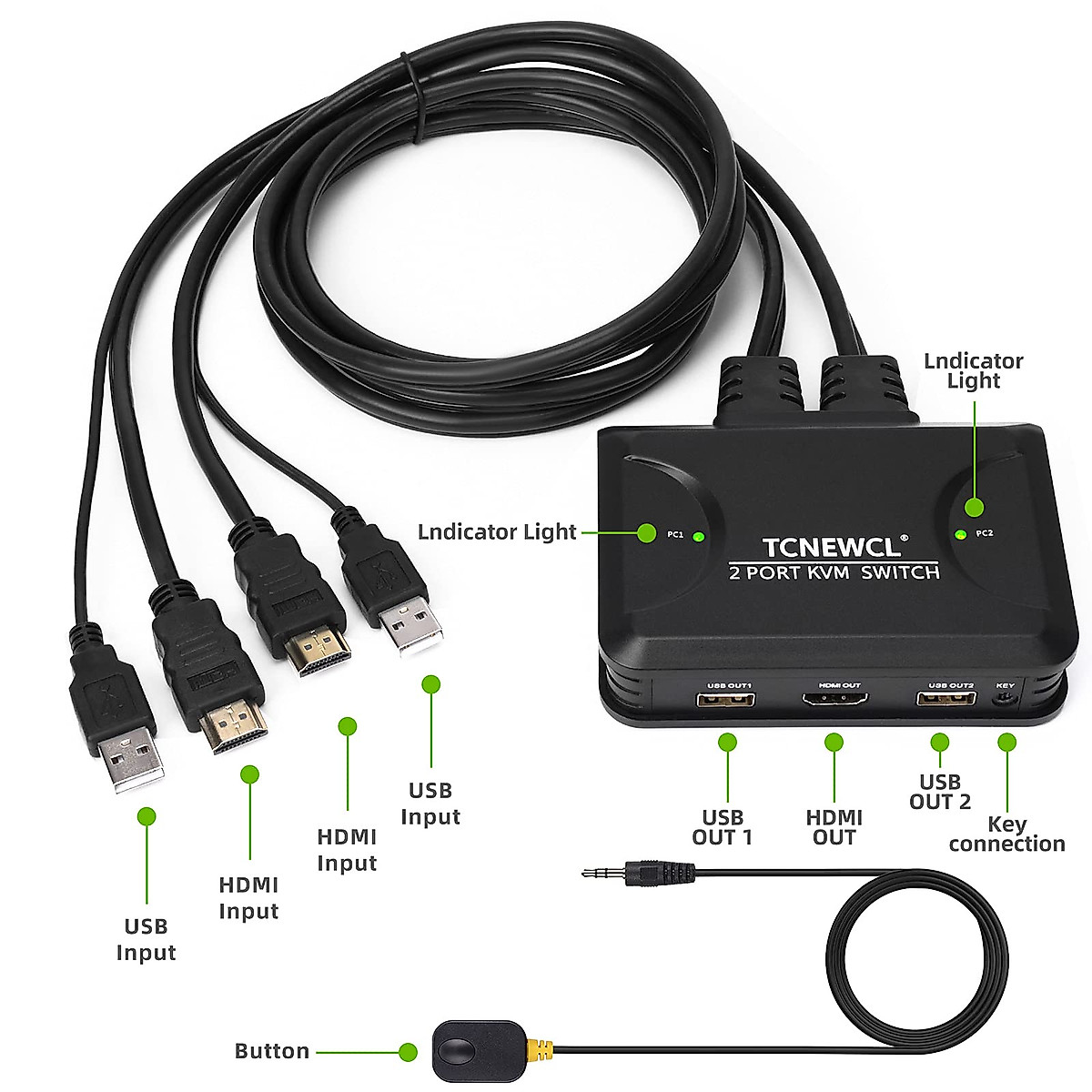 4K 2-Ports HDMI KVM Switch, for 2 Computers Share 1 HD Monitor and 2 USB Devices Keyboard Mouse, Supports 4K@30Hz, Included 2 HDMI Cables and Wire Desktop Controller