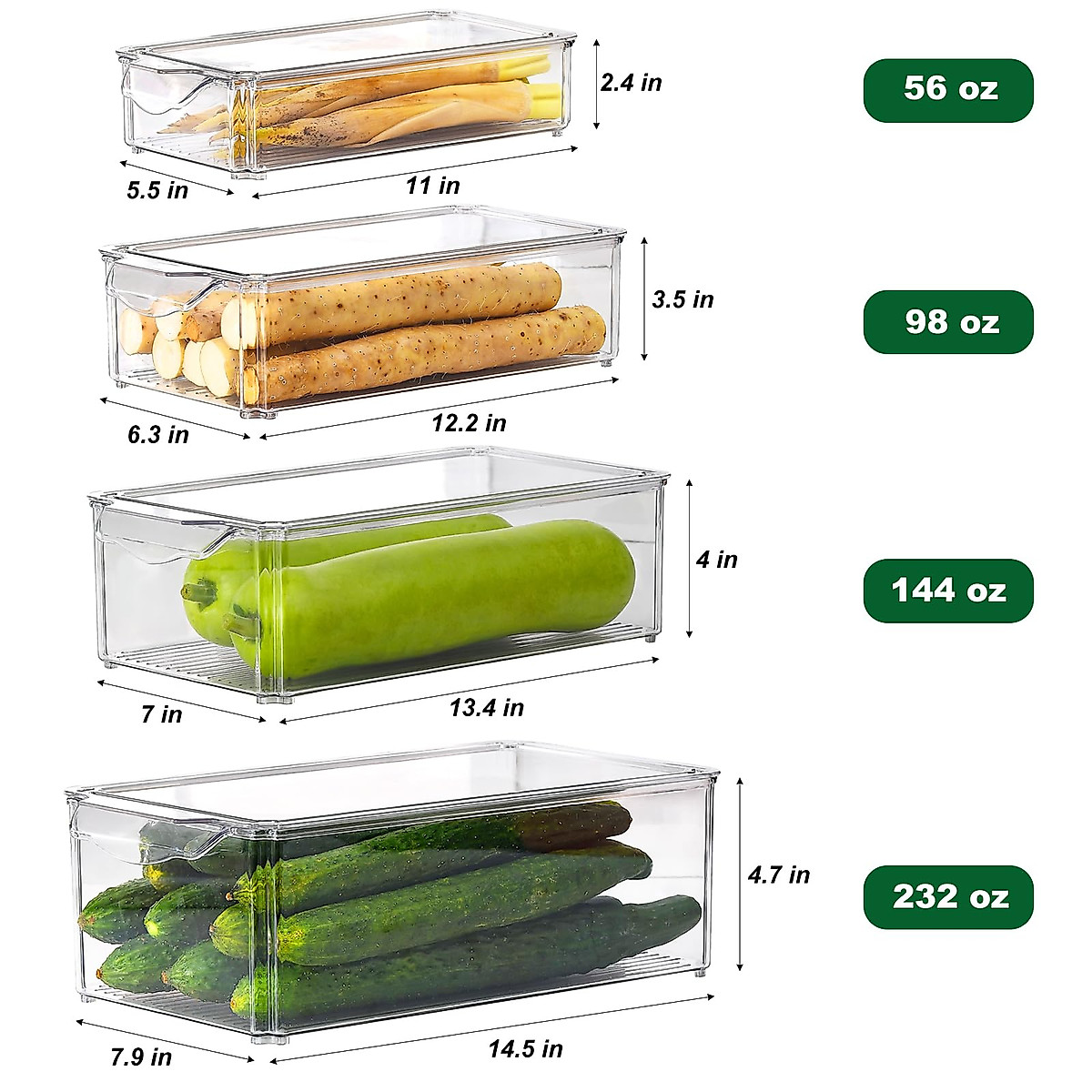 Taiuloo Set of 4 Fridge Organizer, Stackable Refrigerator Organizer Bins with Lids, Kitchen Pantry Cabinet Organization, BPA-Free Clear Food Storage Containers for Fruit, Vegetable, Cereal, Produce