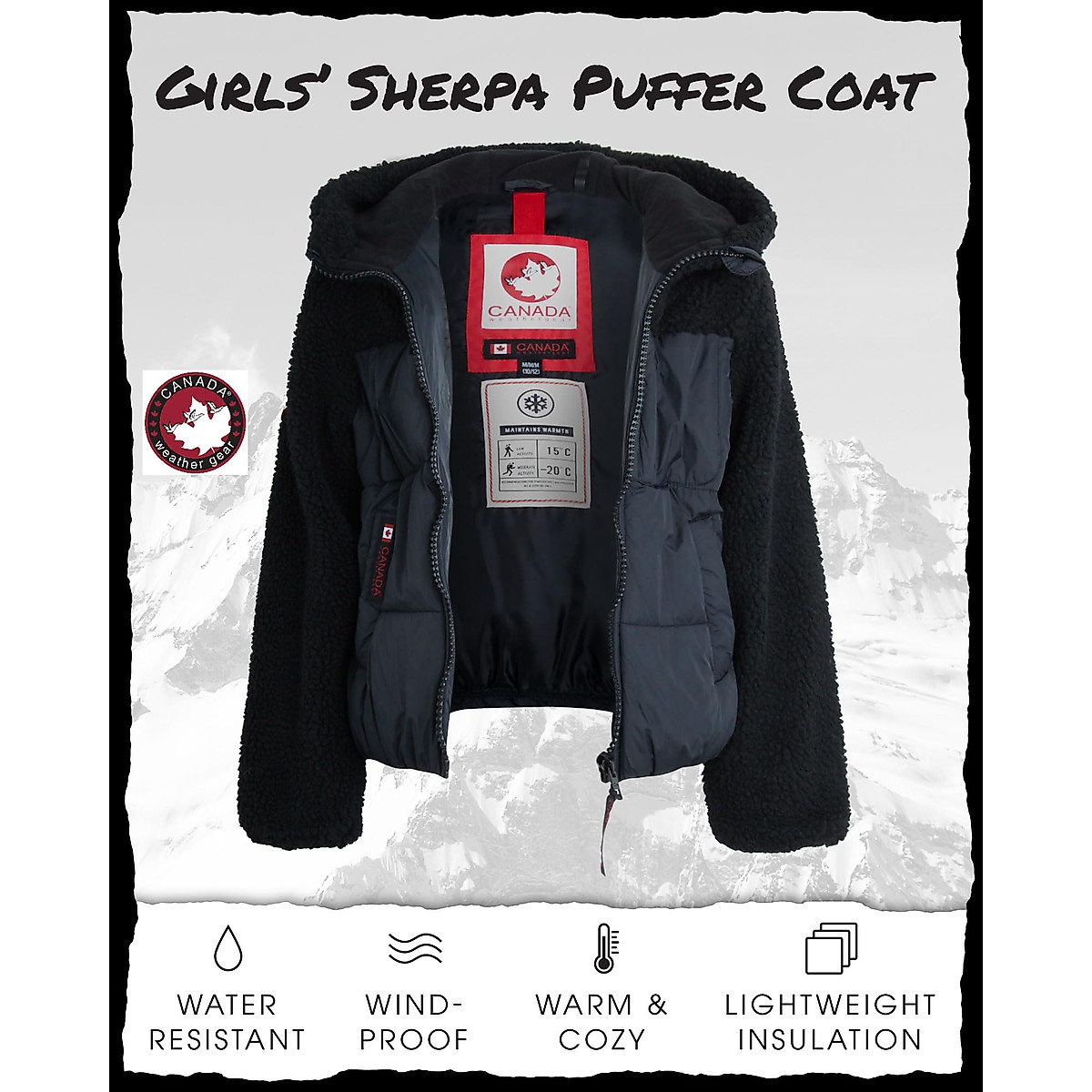 CANADA WEATHER GEAR Girls' Jacket - Sherpa Lined Puffer Coat with Hood (Size: 4-16), Size 7-8, Black