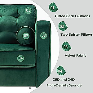 Esright 84.2" Velvet Couch Sofa with 2 Bolster Pillows,Green Office Sofa Mid-Century Couch for Living Room 3 Seats Couch for Apartment