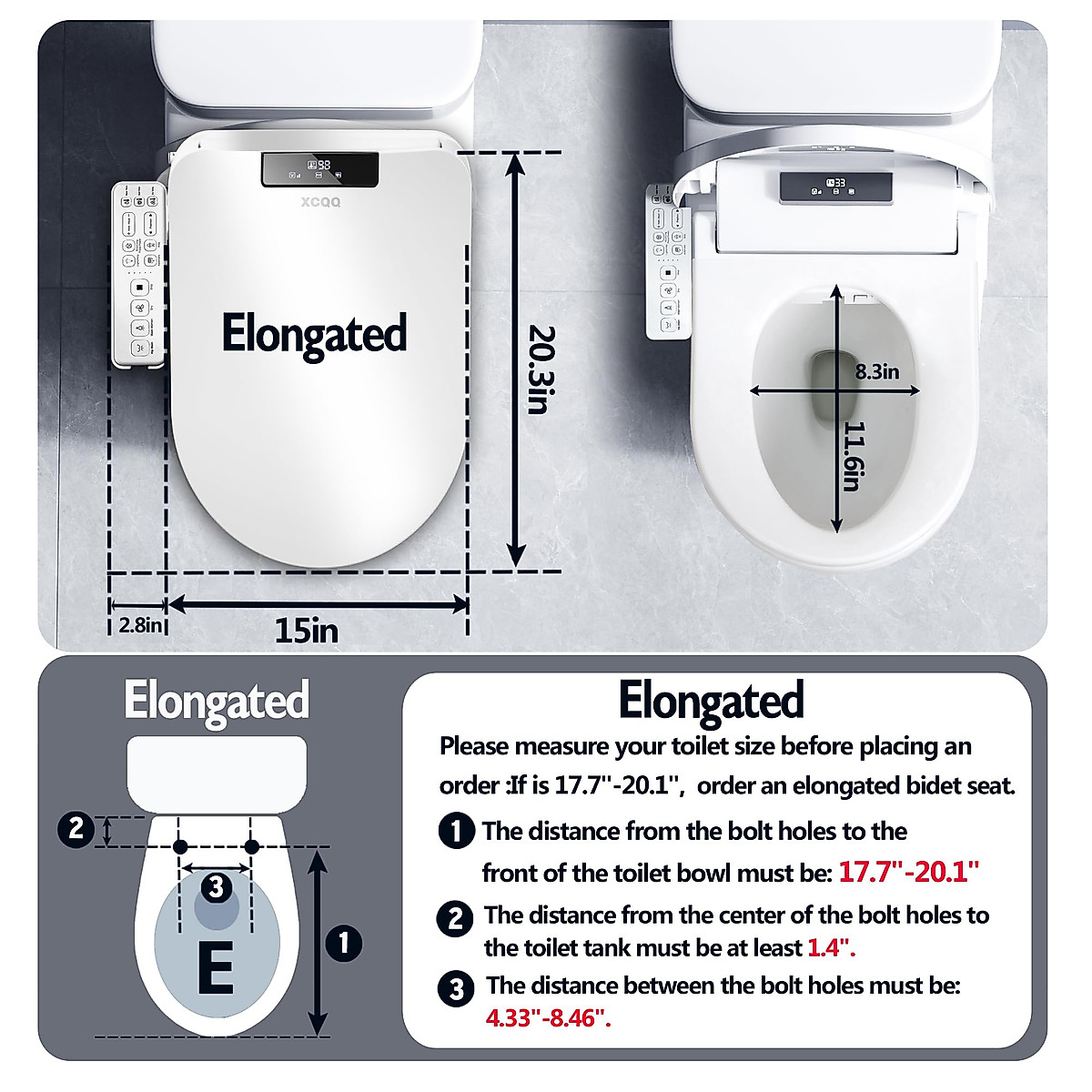 XCQQ Smart Bidet Toilet Seat Elongated Oversized, Heated Bidet with Warm Water and Dryer, Night Light, Rear and Feminine Washing, Slow Closed Toilet Seat, LED Screen, Removable Panel to Remote