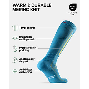 DANISH ENURANCE Merino Wool Performance Ski Socks for Men, Women & Kids, Blue/Yellow, US Kids 13-3