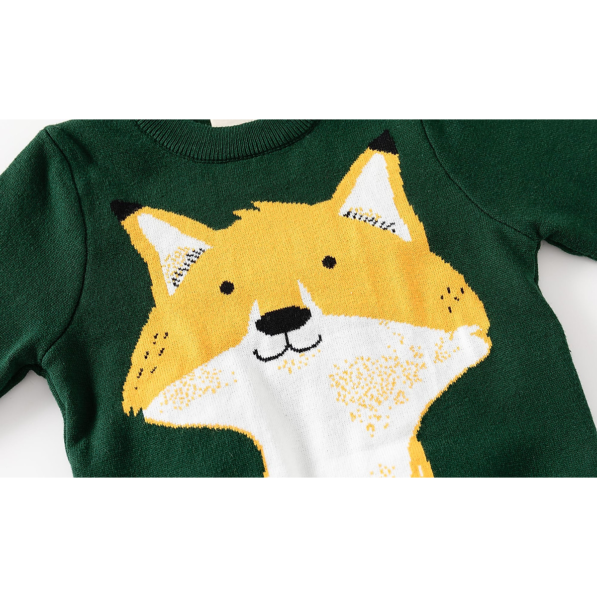 HUAER& Baby Boys Girls Knit Sweater Round Neck Long Sleeve Unisex Cotton Cartoon Animal Pullover Sweatshirt(18-24Months Green Fox)