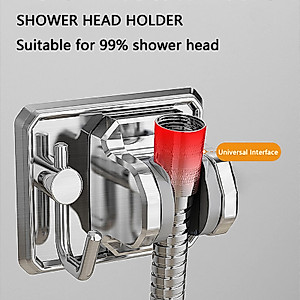 Shower Head Holder with Hook - Strong Adhesive Waterproof Handheld Shower Holder, Adjustable Shower Wand Holder Wall Mount for rv Shower Kids Shower Bathroom Shower, No Drilling (Silver)