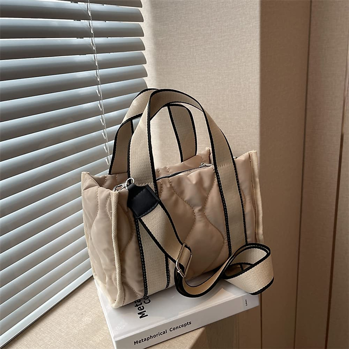 AZURAOKEY Puffer Tote Bag for Women, Fashion Crossbody Bags Cotton Padded Shoulder Crossbody Bag Quilted Hit Color Portable Zipper Autumn Winter Purse for Office Travel-Beige