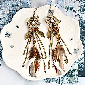 Punk Vintage Long Tassel Feather Beads Drop Wolf Tooth Pendant Earring Fish Hook Earrings (Brown A)