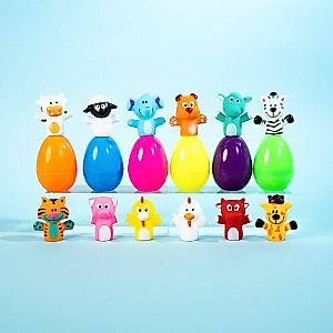 FUN LITTLE TOYS 12 PCs Easter Eggs Prefilled with Animal Finger Puppets, Easter Party Favors, Easter Basket Stuffers, Fillers Easter Egg Hunt, Goodie Bags Fillers, Classroom Prizes (12PCS)