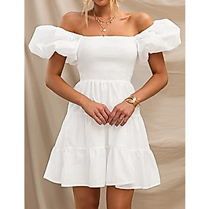 ZESICA Women's 2023 Boho Summer Square Neck Puff Sleeve Off Shoulder Smocked Tiered Casual A Line Short Mini Dress,White,Medium