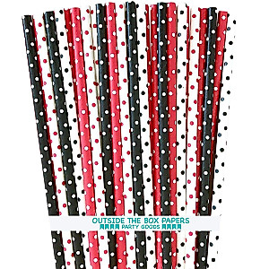 Paper Drinking Straws - Black Red and White Polka Dot - Ladybug Theme - 7.75 x .25 Inches - 100 Pack - Outside the Box Papers Brand