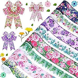 Kuscul 32 Yards Floral Wired Ribbon 8 Rolls Watercolor Rose Flower Ribbon Mother's Day Wired Edge Ribbon Spring Summer Gift Wrap Ribbon for Hair Bow Sewing Wedding Home Wreath Decor, 2.5in/ 1.5in