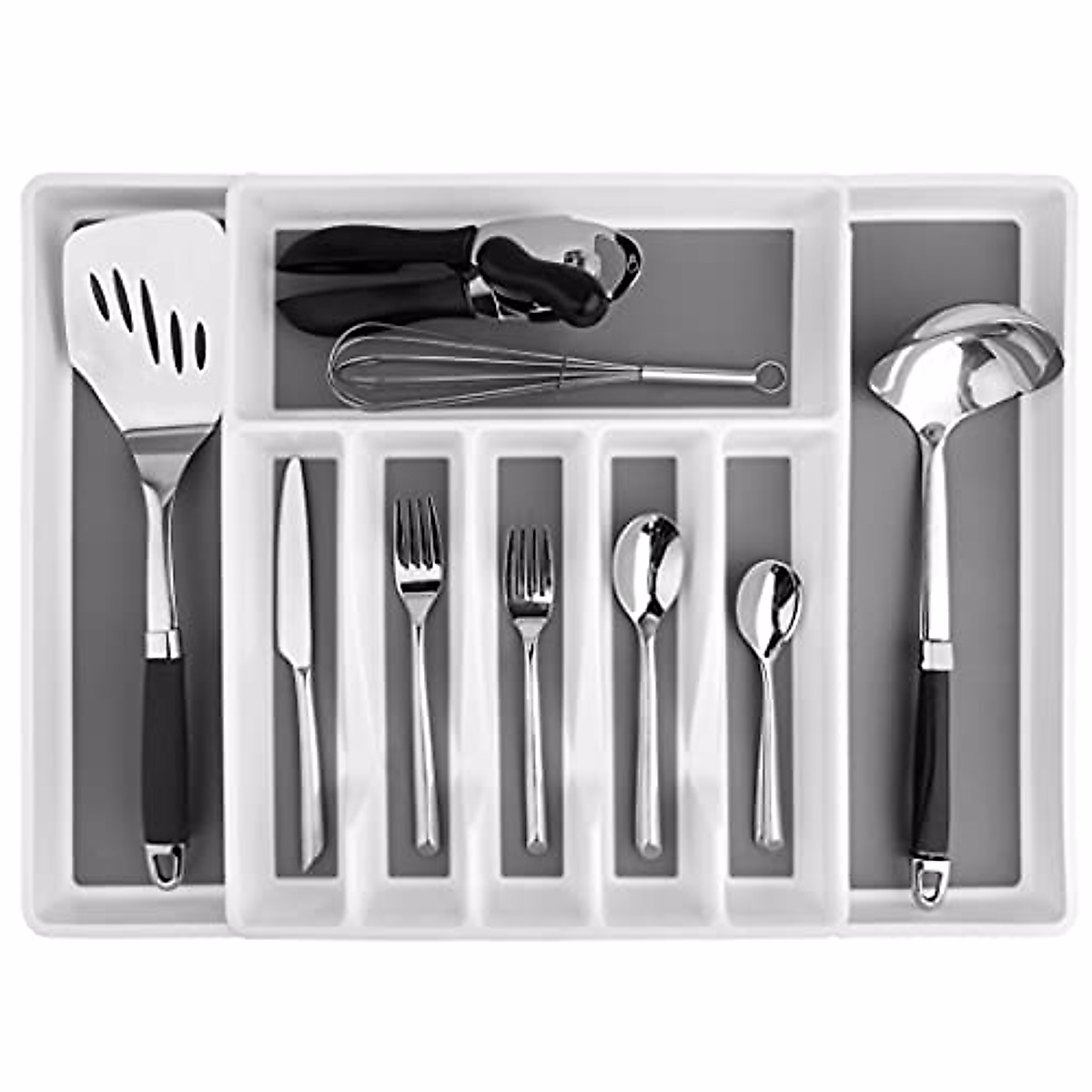 LIVORINI Expandable Kitchen Drawer Flatware Organizer | Large Plastic Silverware Tray Organizers | Adjustable Kitchen Organization for Cutlery & Utensils Holder, White Non-Slip Drawer Dividers