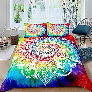 White Mandala Floral Print Duvet Set Teens Youngs Colored Tie Dye Base Bedding Cover King Mulit-Colors Background 3 Pieces Comforter Sets(1 Duvet Cover 2 Pillow Cases),No Comforter
