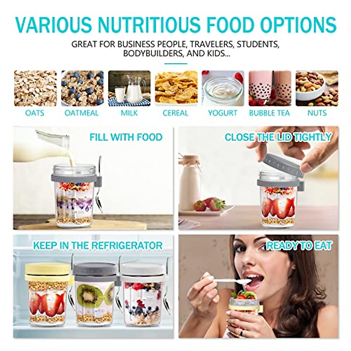 Alitake Overnight Oats Container with Lid and Spoon - 16 oz Glass Overnight Oats Jars with Measurement Mark - 4 Pcs Portable Large Capacity Airtight Mason Jars for Overnight Oats, Cereal, Milk, Fruit