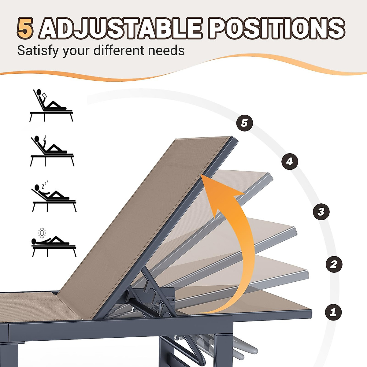 Amopatio Patio Chaise Lounge Set of 3, 24.4" Wider Outdoor Lounge Chairs with Table, Textilene Pool Chaise Lounge for Sun Tanning Lay Flat Poolside Lounger for Beach, Lawn, Brown