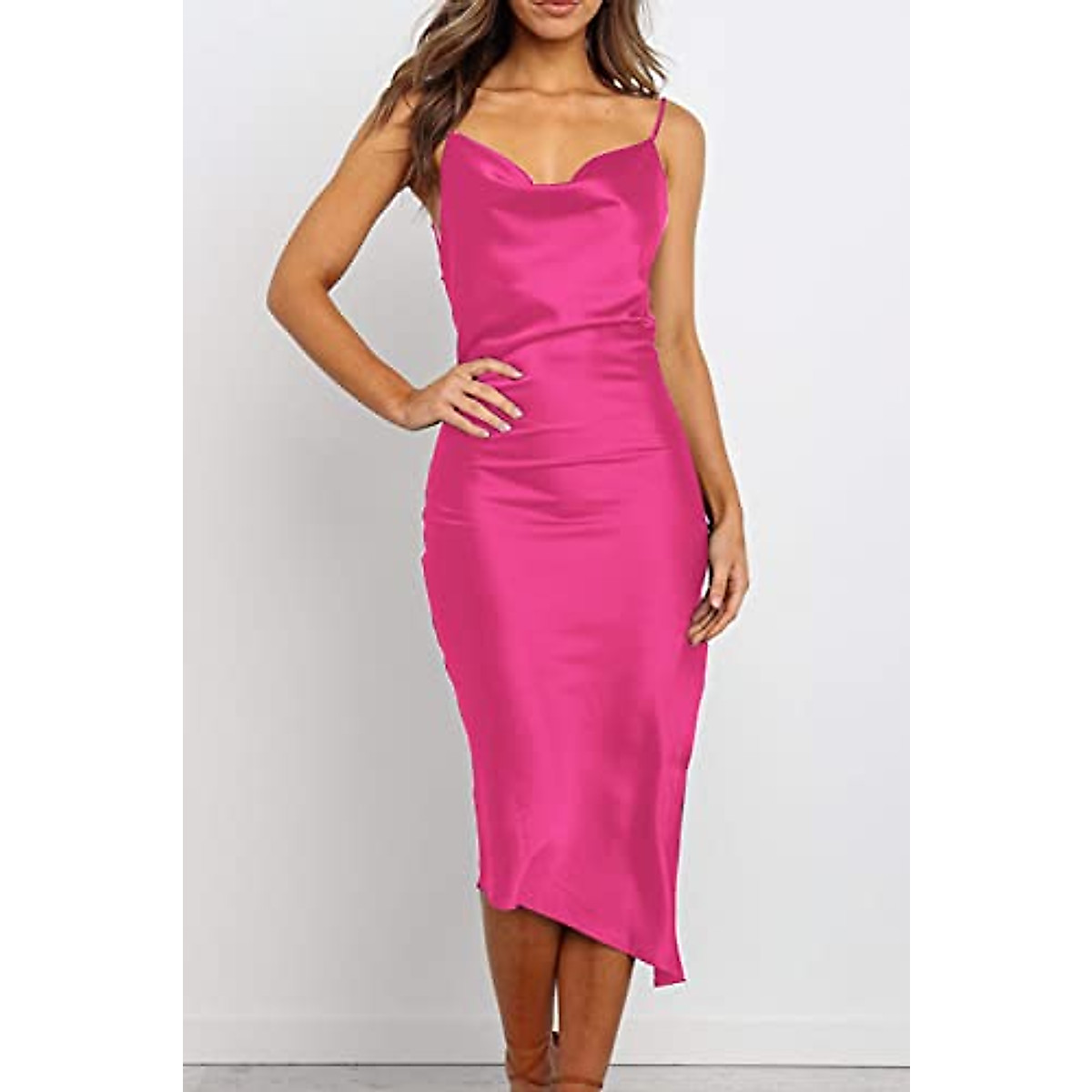 PRETTYGARDEN Women's Satin Dress Sleeveless Spaghetti Strap Side Slit Cowl Neck Midi Bodycon Dresses (Rose Red,Small)