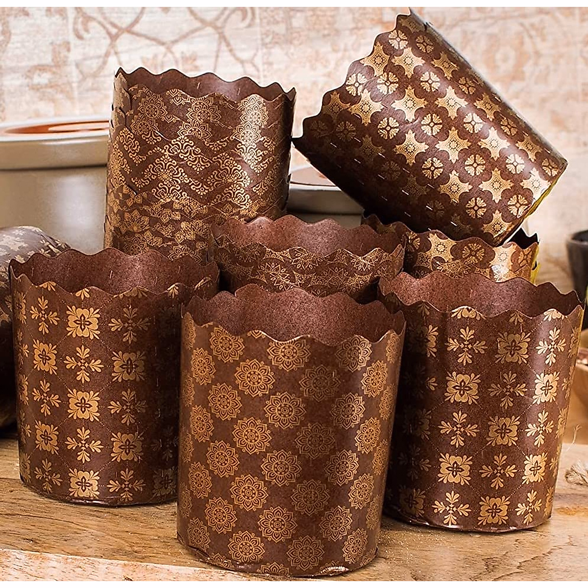 5.1oz Mini Easter Bread Paper Mold Paska |25 pcs| Kulich Mold Easter Bread Forms Panettone Paper Mold - Standard Panettone Paper Bread Baking Molds - Brown Design W 2.75 x H 3.35-In