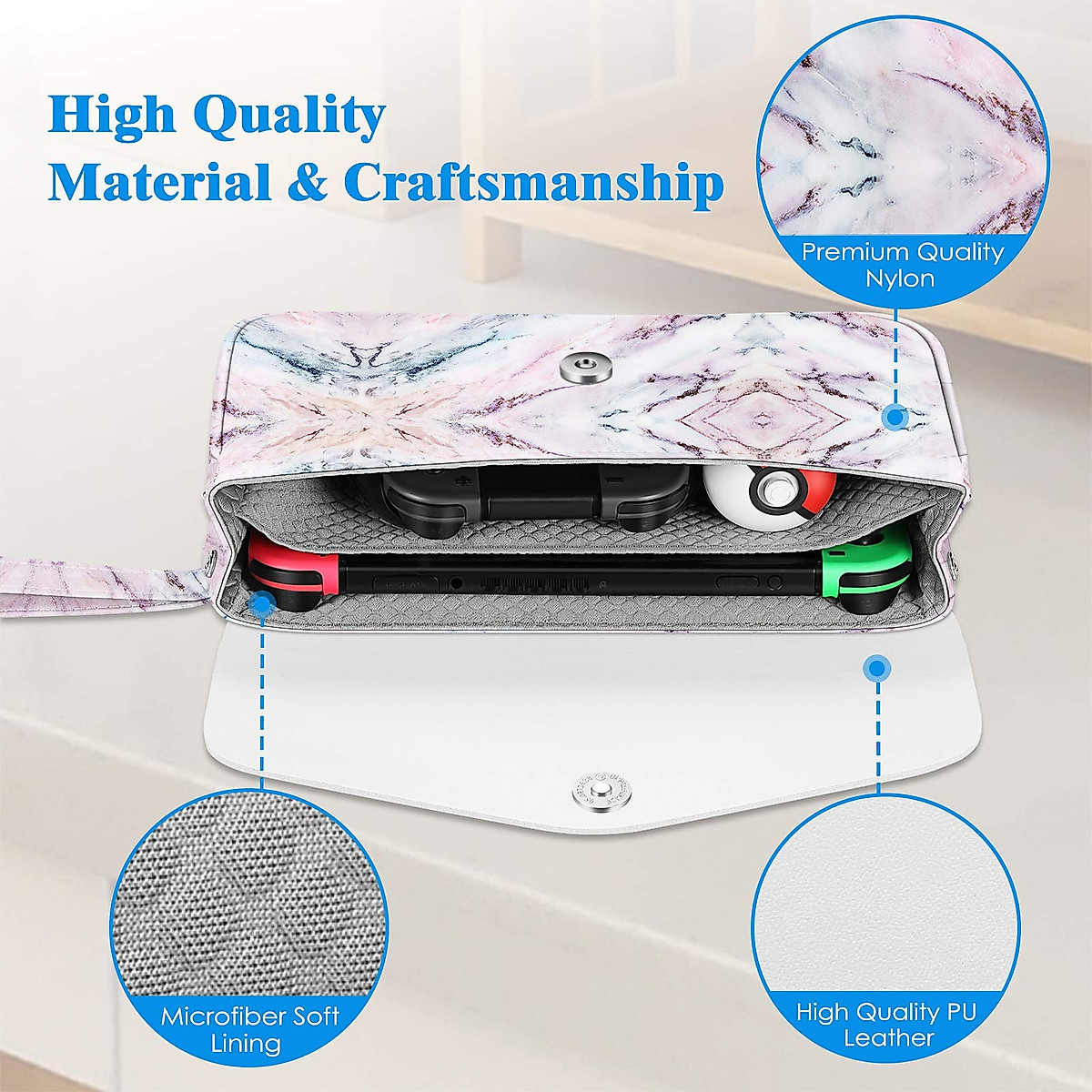 Fintie Carrying Case for Nintendo Switch OLED Model 7.0"/Switch 6.2" - Portable Travel Bag Protective Sleeve Pouch with Game Card Slots & Large Pocket for Switch and Accessories, Marble Pink