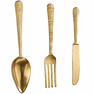 Deco 79 Aluminum Metal Utensils Home Wall Decor Knife, Spoon and Fork Wall Sculpture, Set of 3 Wall Art 4" W, 23" H, Gold