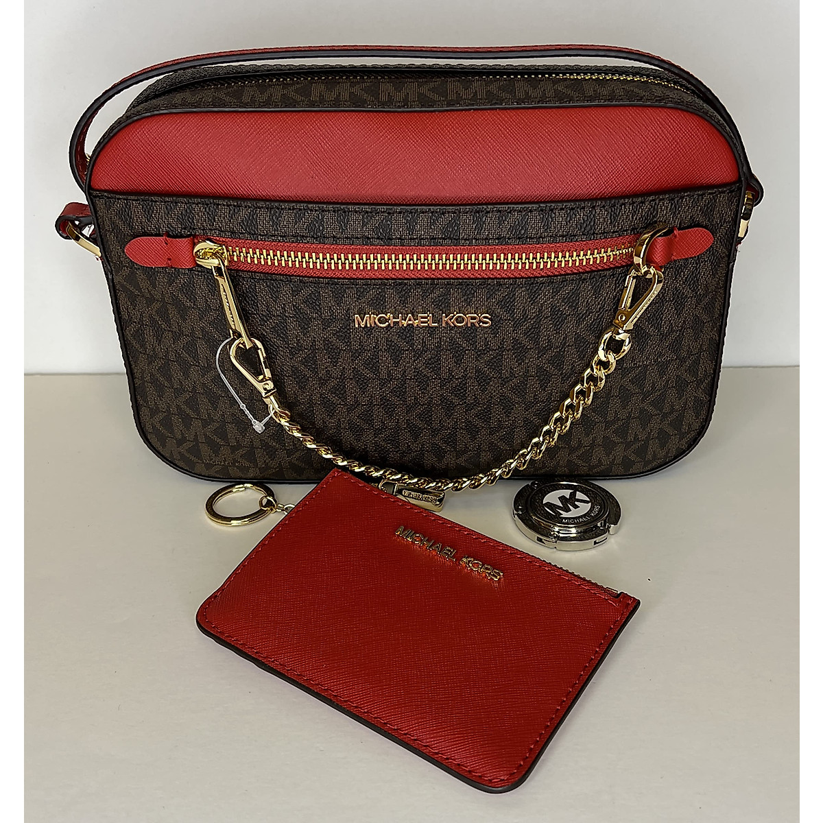 Michael Kors Jet Set Large Chain Crossbody Bag bundled with with SM TZ Coinpouch Wallet and Purse Hook (Signature MK Brown/Flame)