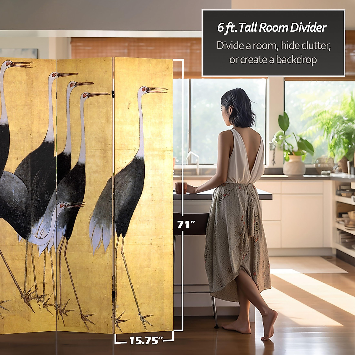 Red Lantern 6 ft. Tall Double Sided Cranes Room Divider, 71 inches high and 3 Panels wide