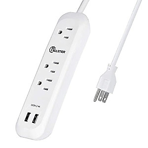 USB Power Strip Surge Protector Long Extension Cord 6 feet, 3 Outlets, 2 USB Ports (2.4A/12W), Overload Protection, Mountable Power Strip for Home Office, 1250W/10A, SGS Listed, White