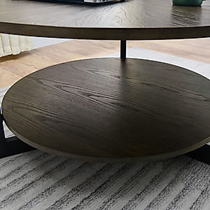 MODERION Round Coffee Table with Storage Shelf, Farmhouse Living Room Cocktail Table with Black Metal Legs, Circular Solid Wood Center Tea/ Sofa Table, 35.3''Dx17.8''H, Brushed Black KFZ1338BK