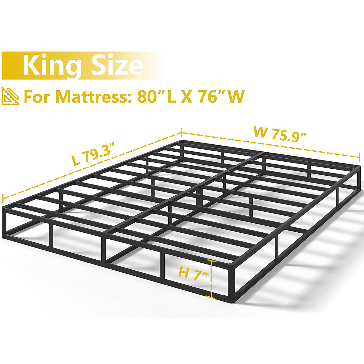 Vitverve Box Spring King, 7 Inch High Metal King Size Box Spring Only, Heavy Duty Mattress Foundation with Fabric Cover, Easy Assembly, Quiet Noise Free, Non Slip, Black