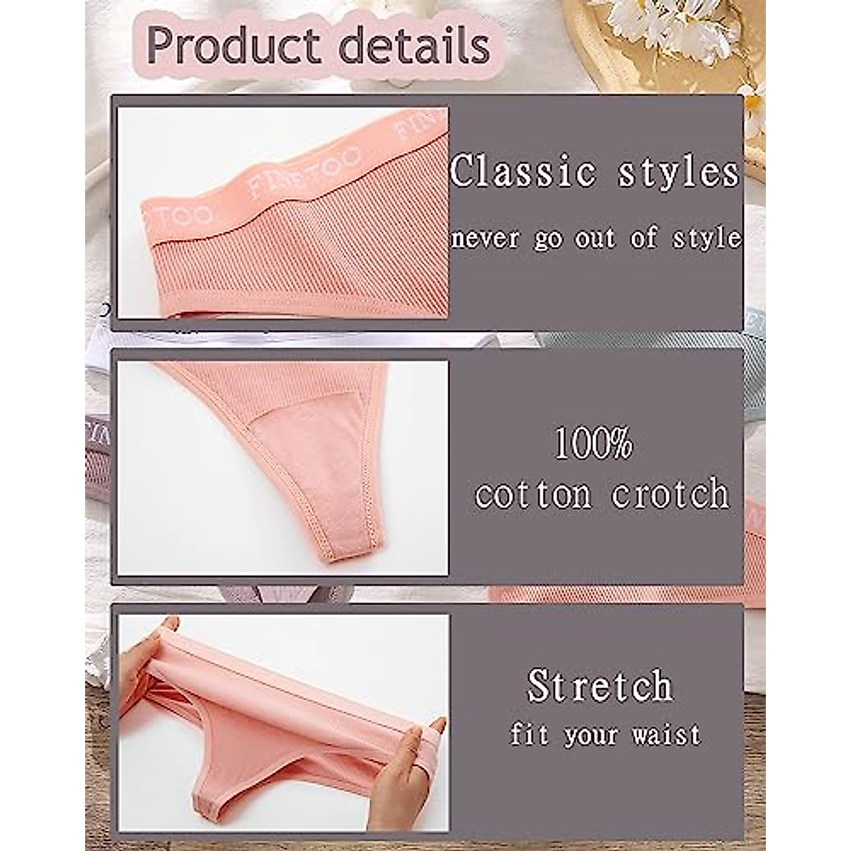 FINETOO Cotton Thongs for Women Breathable Stretch Hipster Panties Sexy Thong Underwear S-XL