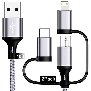 Multi Charging Cable [10ft 2Pack] 3 in 1 USB Charger Cable Nylon Braided Fast Charging Cords Chargers for Multiple Devices with Lightning/Type C/Micro USB/iPhone/iPads/Samsung Galaxy/Ps/Tablets &More
