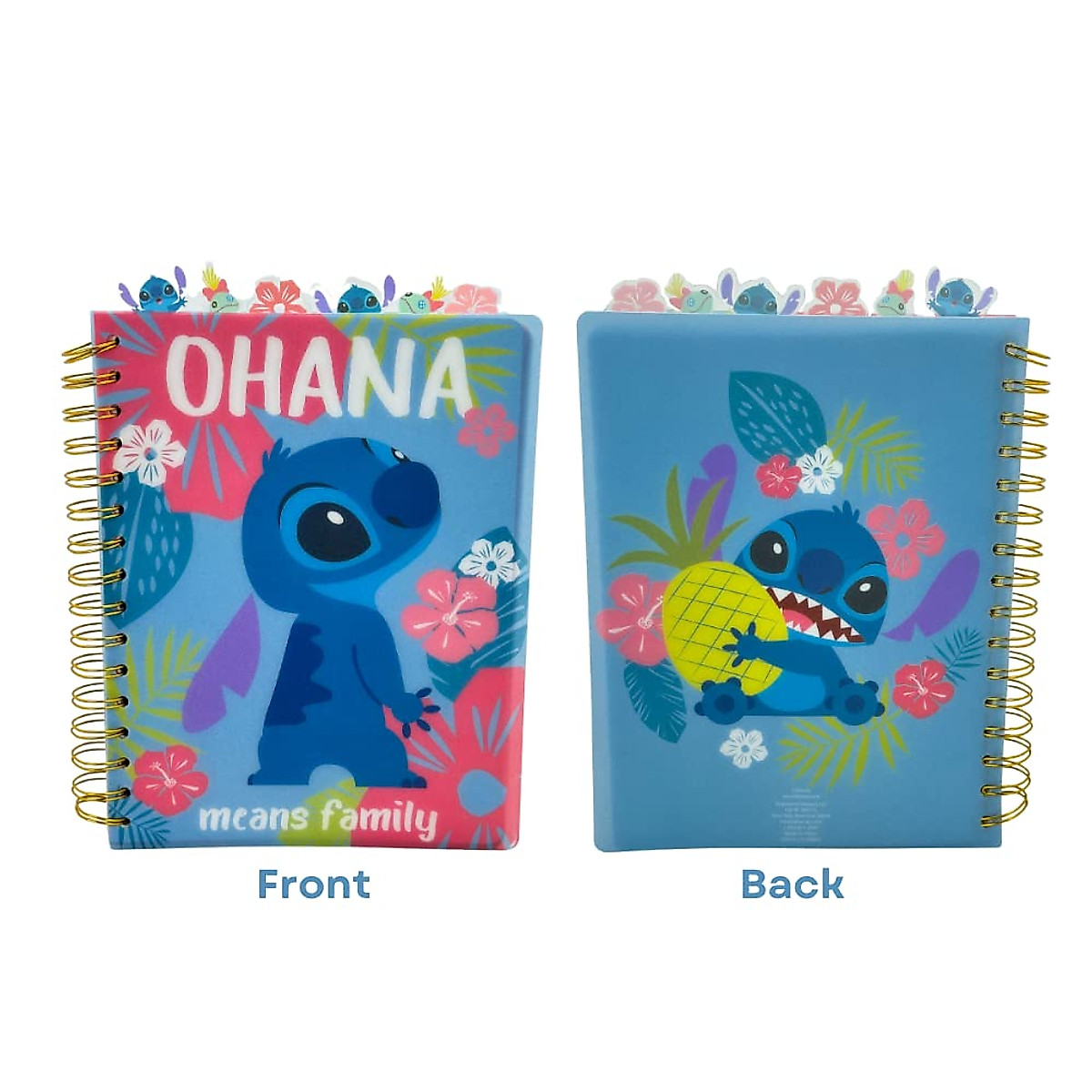 Innovative Designs Disney Stitch Tab Journal Notebook Ohana Spiral Bound, 144 Lined Pages, 8 x 7 inches, Blue