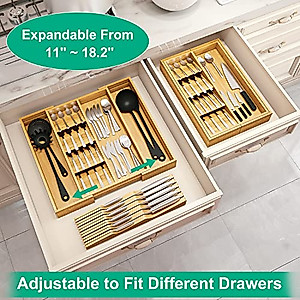 kiplant Bamboo Kitchen Drawer Organizer, Expandable Cutlery Tray Silverware Organizer with Large Knife Blocks for Silverware, Flatware, Knives, Utensil Organizer for Kitchen Drawers