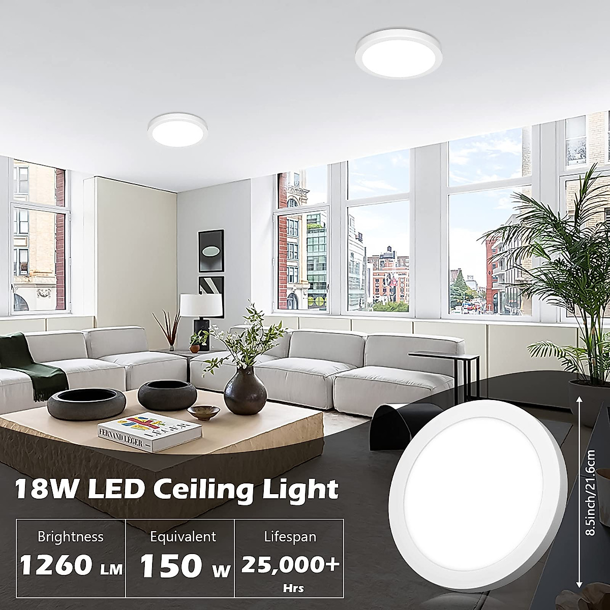 2-Pack 150W Equivalent LED Flush Mount Ceiling Light Fixture 8.5in Modern Dimmable 18W 1260LM Adjustable 3 Color Temperatures 3000K/ 4000K/ 5000K Round Close to Ceiling Light for Kitchen Hallway White