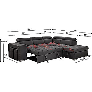 FULife 105" w L-Shaped Modular Reversible Sectional Corner Sofa with Pull Out Sleeper Bed,Adjustable Headrest,Storage Ottoman and 2 Stools,Multi-Functional Convertible Upholstered 5-Seat Sofá&Couch