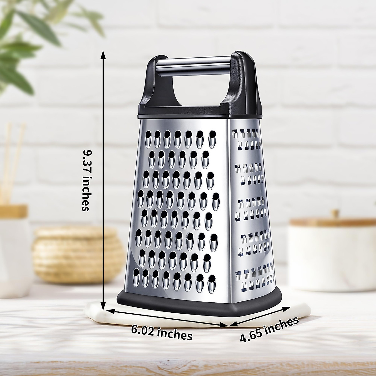 Kaishun Professional Cheese Grater, XL Size 4-Sided Stainless Steel Box Grater, Food Shredder for Cheese, Parmesan, Vegetable, Dishwasher Safe, Black