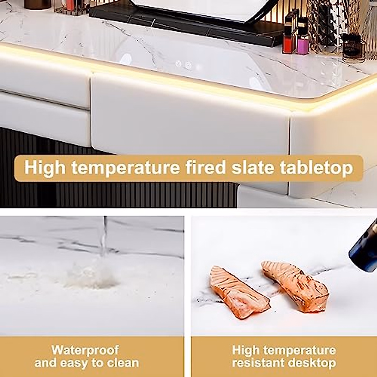 Attega Vanity Desk Set, Makeup Table with LED Lighted Mirror & Drawer Ambient Light, Dresser Desk with Side Cabinet & 9 Drawers Adjustable Dressing Table Set for Bedroom & Bathroom (White, 31.5 Inch)