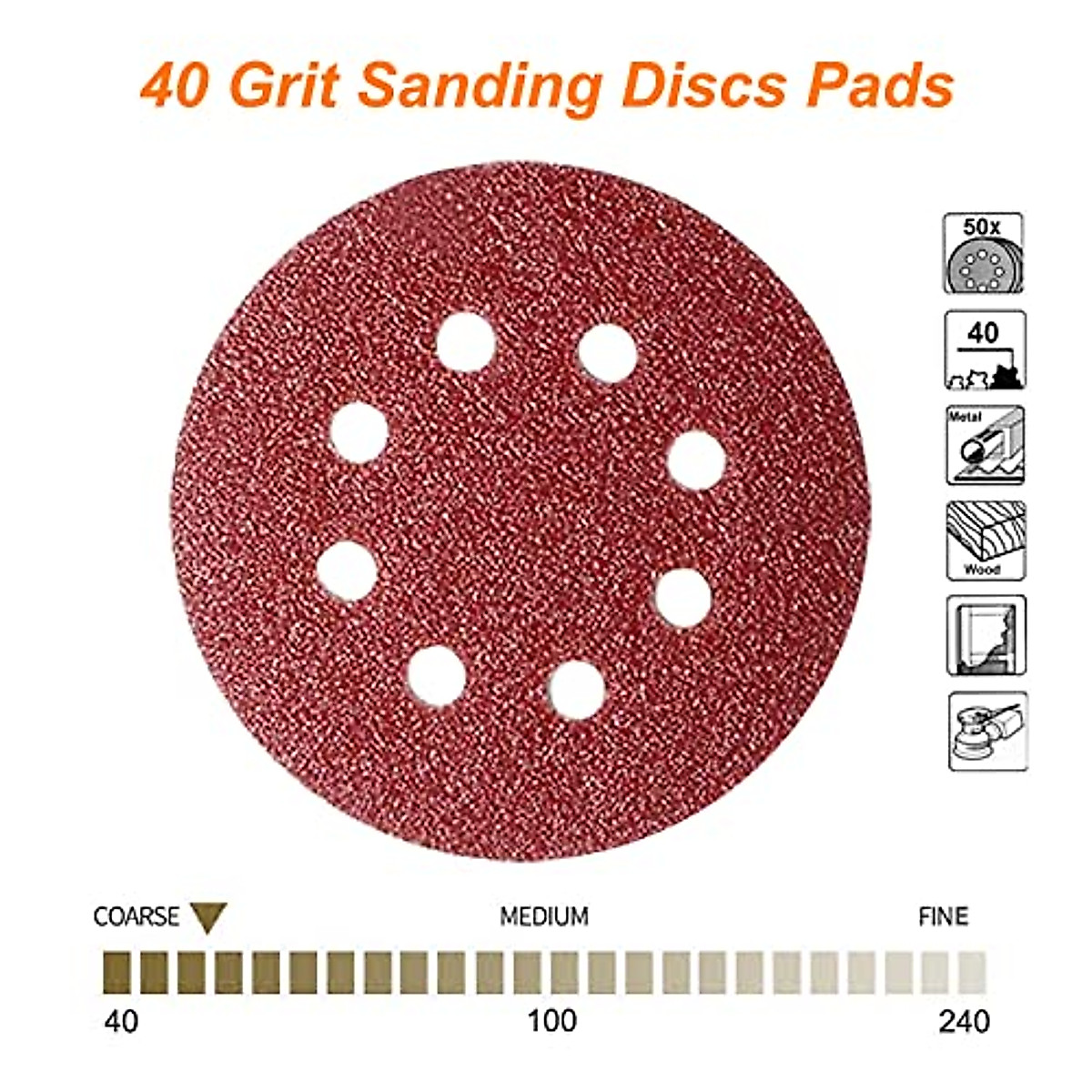 50Pcs 125mm 8 Holes Sanding Discs Pads Sanding Sheets, 5 Inch 40 Grits Hook and Loop Sandpaper Sheet for Random Orbital Sander.