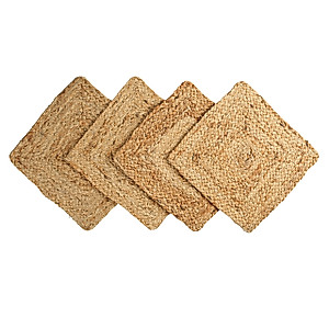 Natural Jute Placemat Set of 4 - Square 13 Inch Decorative Reversible Braided Hand Woven Charger for Dinner Table Décor Farmhouse Christmas Wedding Family Gathering Party and Everyday Use