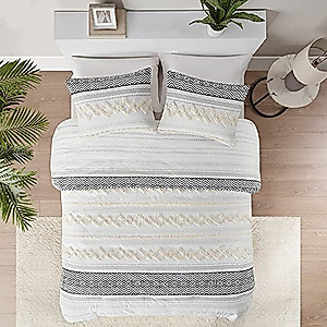 Hyde Lane Farmhouse Bedding Comforter Sets King, Ivory Boho Bed Set ,Cotton Top with Modern Neutral Style Clipped Jacquard Stripes, 3-Pieces Including Matching Pillow Shams (104x90 Inches)