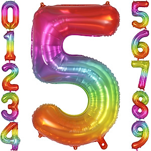 Rainbow Number 5 Balloon 40 Inch, Big Large Foil Number Balloons, Gradient Colorful Mylar 5 Balloon for 5 Year Old Birthday Jelly Party Decorations Supplies Anniversary