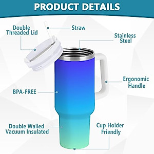 MCHIVER Blue Gradient 40 oz Tumbler with Handle and Straw Stainless Steel Vacuum Water Bottle Leak-proof Travel Coffee Mug Thermos Water Bottle for Home Office Car