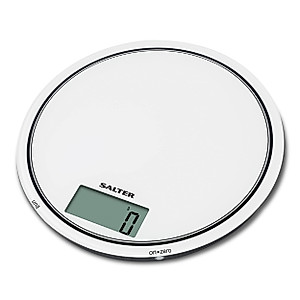 Salter 1080 WHDR12 Mono Circular Electronic Digital Kitchen Scale, 5KG, Zero Add & Weigh Function, Measure Liquids/Fluids, Touch Sensitive, Hygienic Easy Clean Glass Platform, Measure in g/oz, White